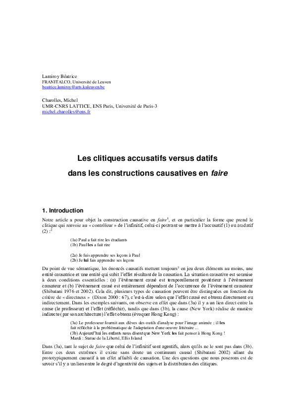 (PDF) Les clitiques accusatifs versus datifs dans les constructions ...