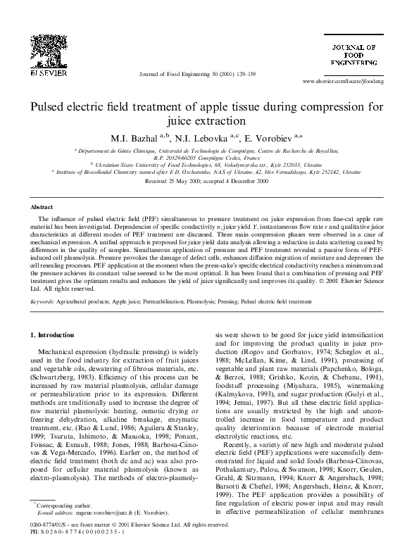 (PDF) Pulsed electric field treatment of apple tissue during ...
