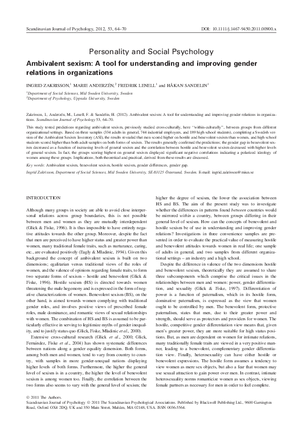 (PDF) Ambivalent sexism: a tool for understanding and improving gender ...