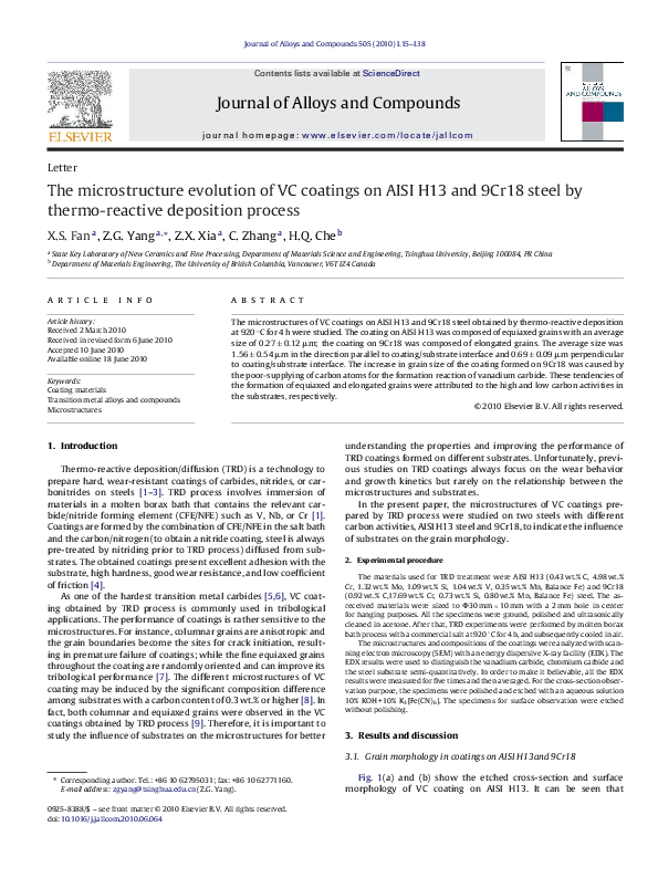 (PDF) The microstructure evolution of VC coatings on AISI H13 and 9Cr18 ...