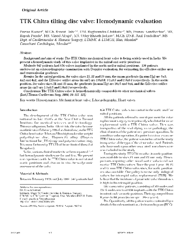 (PDF) TTK Chitra tilting disc valve: Hemodynamic evaluation