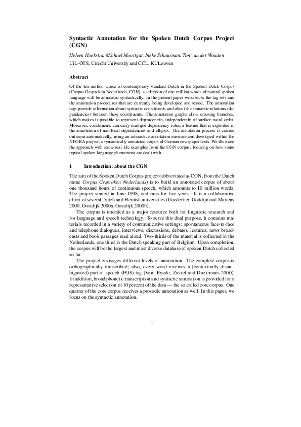 (PDF) Syntactic annotation for the spoken Dutch corpus project (CGN)
