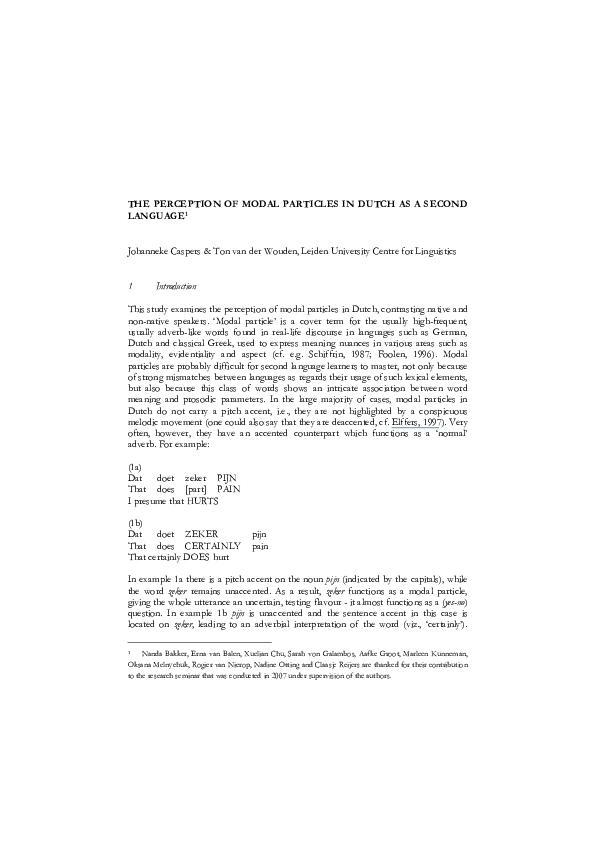 (PDF) The Perception Of Modal Particles In Dutch As a Second Language