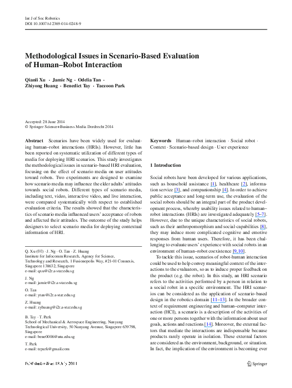 Pdf Methodological Issues In Scenario Based Evaluation Of Humanrobot Interaction
