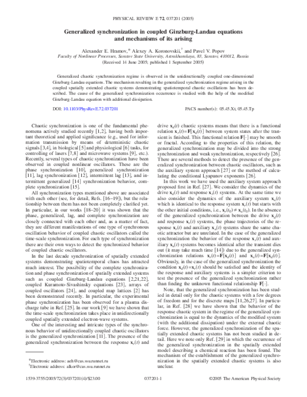 (PDF) Generalized synchronization in coupled Ginzburg-Landau equations ... (PDF) Generalized synchronization in coupled Ginzburg-Landau equations ...