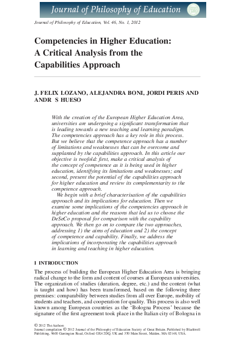 (PDF) Competencies in Higher Education: A Critical Analysis from the ...