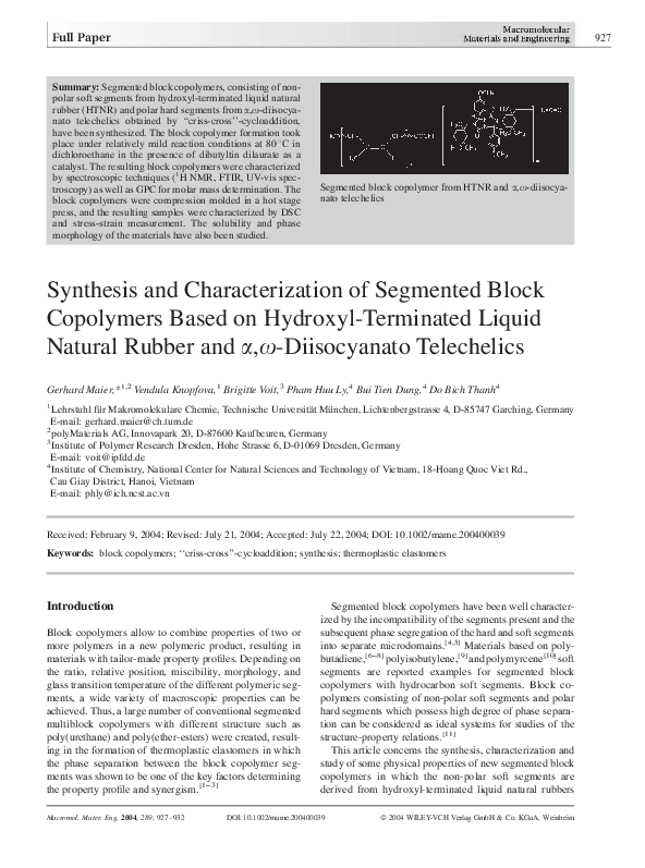 (PDF) Synthesis and Characterization of Segmented Block Copolymers Based on Hydroxyl-Terminated ...