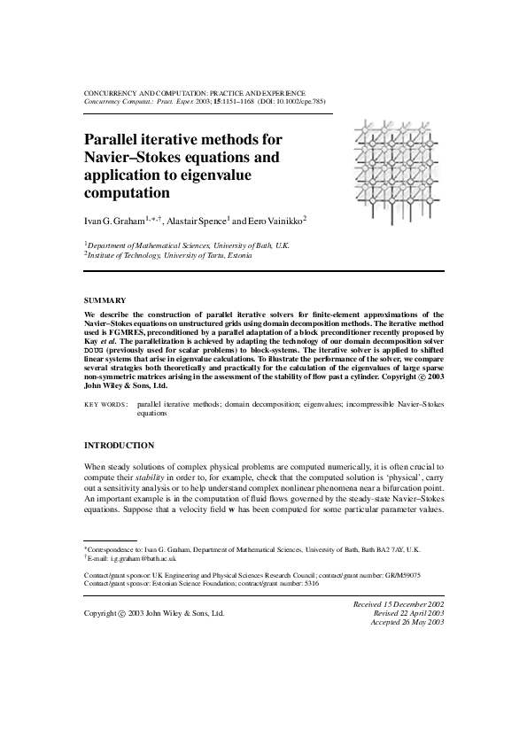 Pdf Parallel Iterative Methods For Navier Stokes Equations And Application To Eigenvalue 