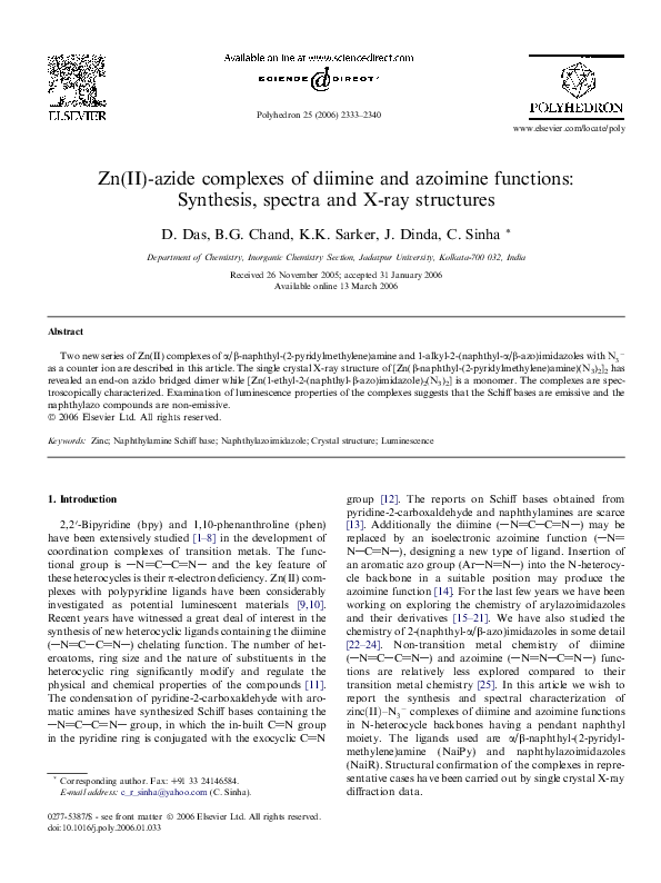 (PDF) Zn(II)-azide complexes of diimine and azoimine functions: Synthesis, spectra and X-ray ...