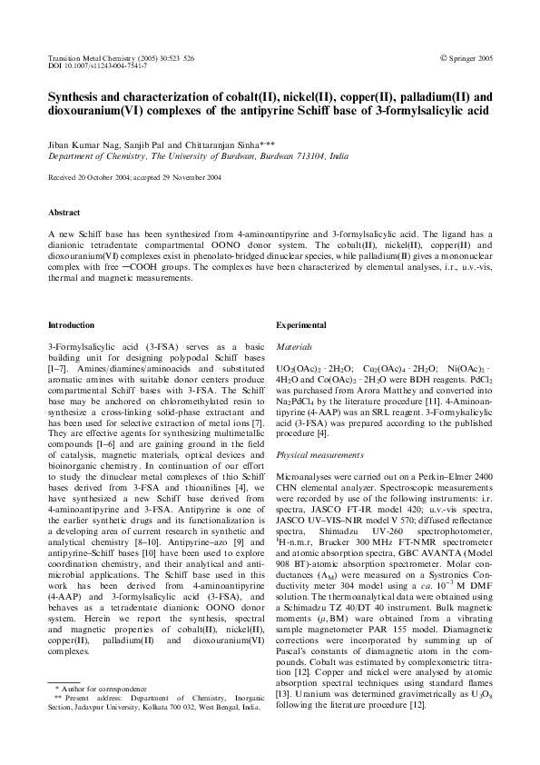 (PDF) Synthesis and characterization of cobalt(II), nickel(II), copper(II), palladium(II) and ...
