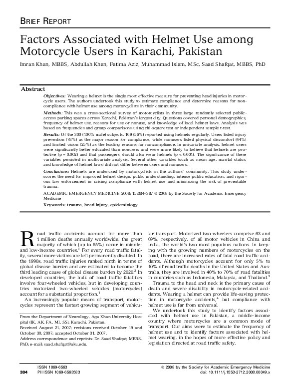 (PDF) Factors Associated with Helmet Use among Motorcycle Users in Karachi, Pakistan