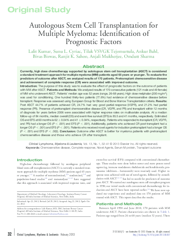 (PDF) Autologous Stem Cell Transplantation for Multiple Myeloma: Identification of Prognostic ...