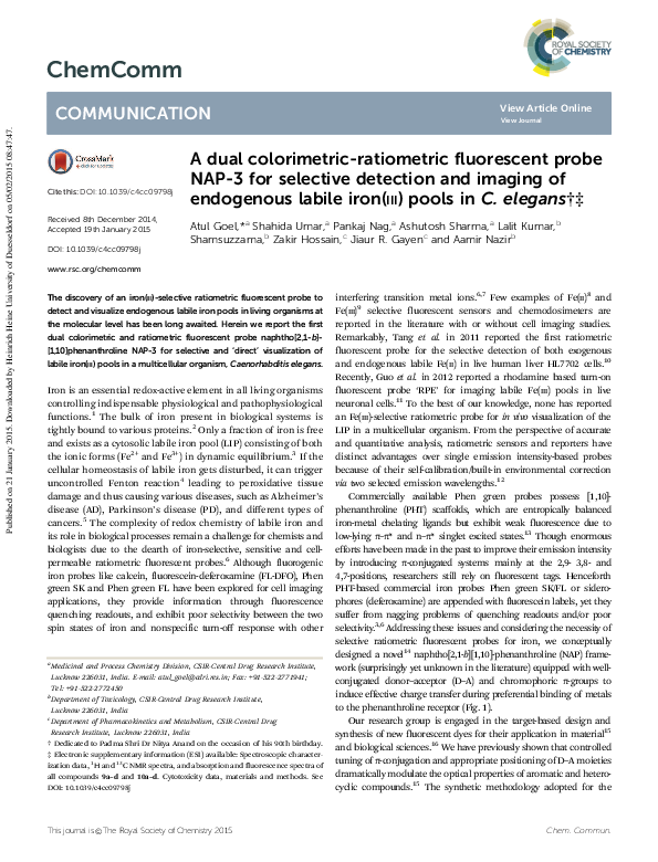Pdf A Dual Colorimetric Ratiometric Fluorescent Probe For Selective Detection And Imaging Of