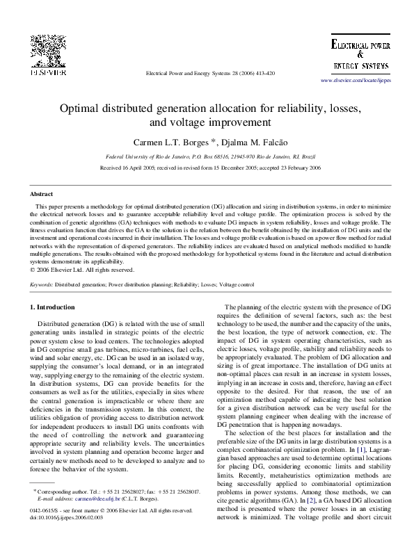 Pdf Optimal Distributed Generation Allocation For Reliability Losses And Voltage Improvement