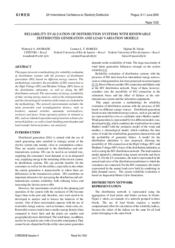 (PDF) Reliability evaluation of distribution systems with renewable distributed generation and ...