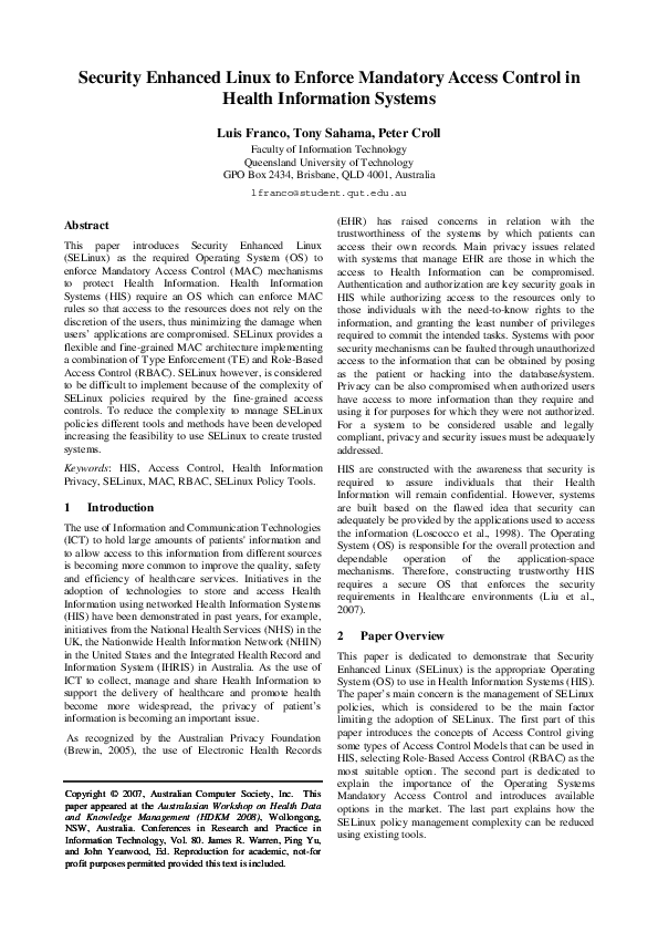 (PDF) Security enhanced Linux to enforce mandatory access control in health information systems