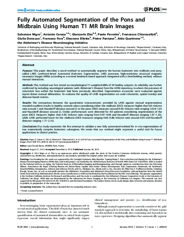 (PDF) Fully automated segmentation of the pons and midbrain using human T1 MR brain images