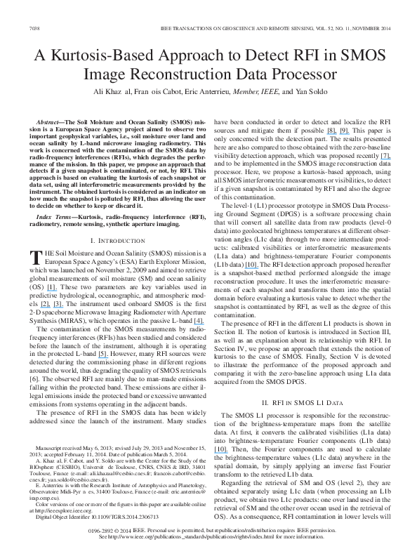 (PDF) A Kurtosis-Based Approach to Detect RFI in SMOS Image Reconstruction Data Processor