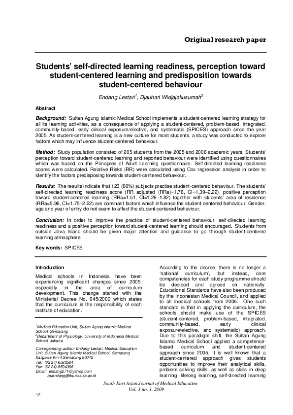 (PDF) Students' self-directed learning readiness, perception toward student-centered learning ...