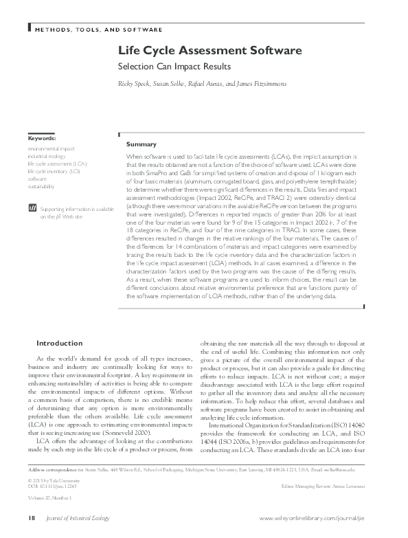 (PDF) Life Cycle Assessment Software: Selection Can Impact Results