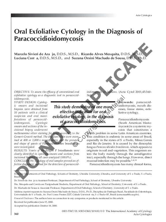 Pdf Oral Exfoliative Cytology In The Diagnosis Of Paracoccidioidomycosis 2164