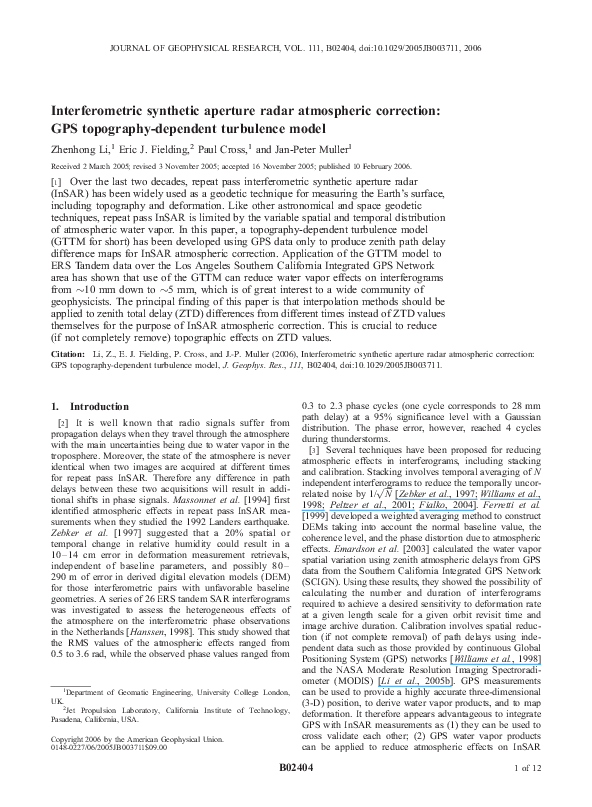 (PDF) Interferometric synthetic aperture radar atmospheric correction: GPS topography-dependent ...