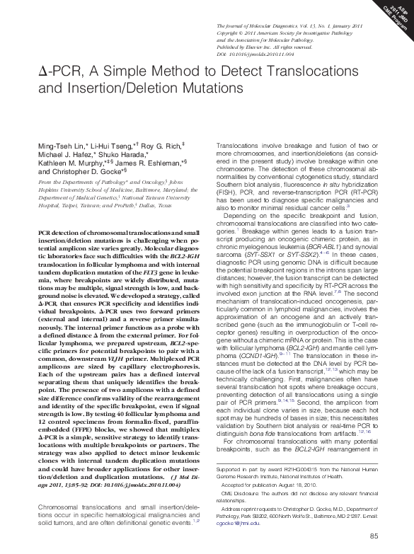 (PDF) Δ-PCR, A Simple Method to Detect Translocations and Insertion/Deletion Mutations