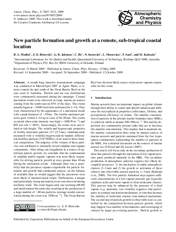 (PDF) New particle formation and growth at a remote, sub-tropical ...