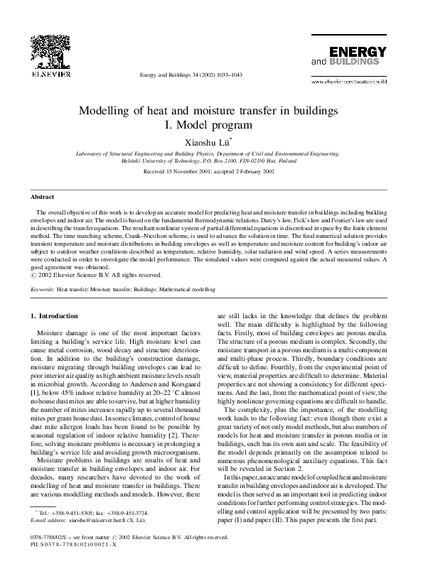 (PDF) Modelling of heat and moisture transfer in buildings