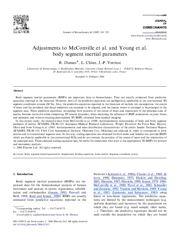 Pdf Adjustments To Mcconville Et Al And Young Et Al Body Segment Inertial Parameters