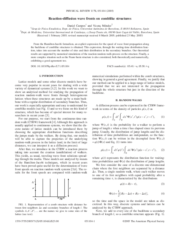 Pdf Reaction Diffusion Wave Fronts On Comblike Structures