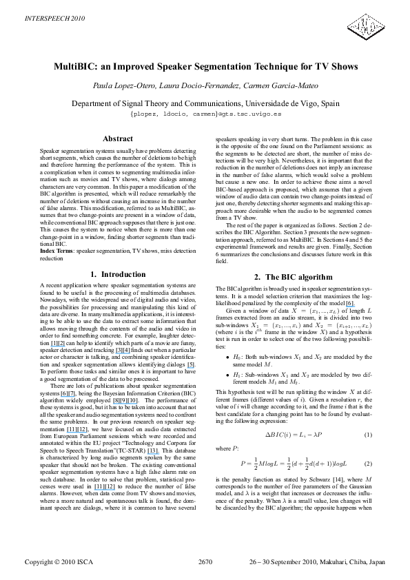(PDF) MultiBIC: An Improved Speaker Segmentation Technique for TV Shows