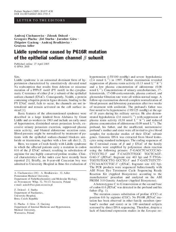 (PDF) Liddle syndrome caused by P616R mutation of the epithelial sodium ...