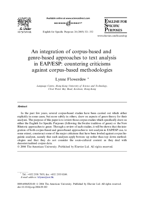 (PDF) An integration of corpus-based and genre-based approaches to text analysis in EAP/ESP ...