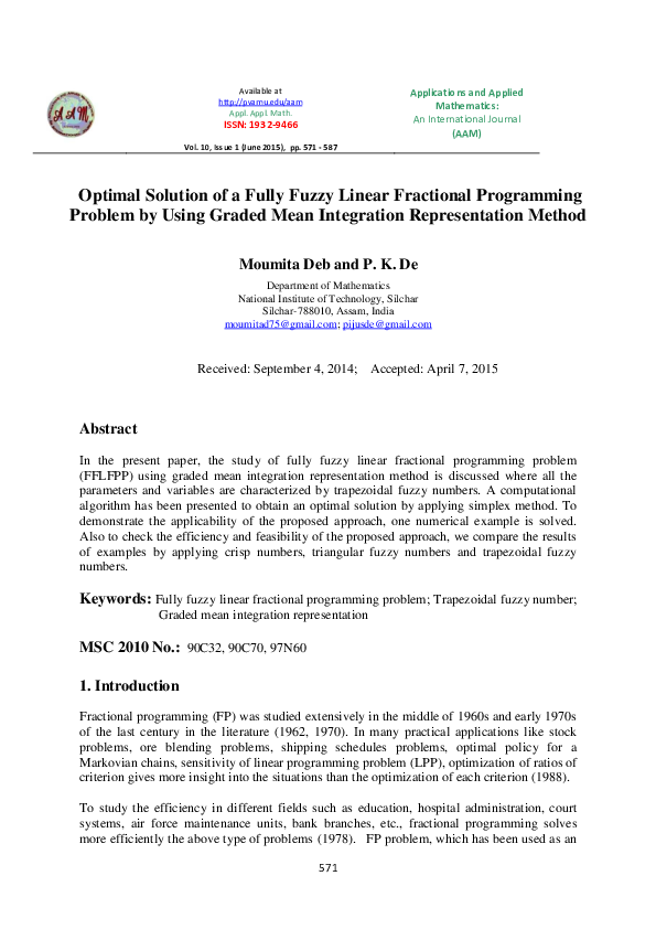 Pdf Optimal Solution Of A Fully Fuzzy Linear Fractional Programming Problem By Using Graded