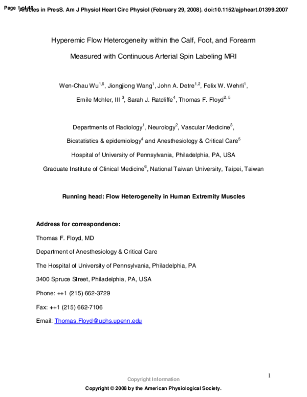(PDF) Hyperemic flow heterogeneity within the calf, foot, and forearm ...