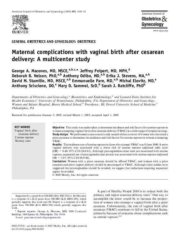 (PDF) Maternal complications with vaginal birth after cesarean delivery ...