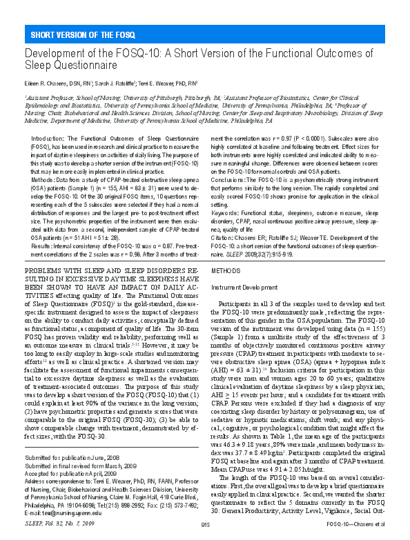 (PDF) Development of the FOSQ-10: a short version of the Functional ...