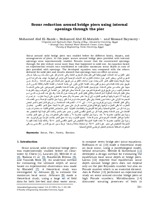 (PDF) Scour reduction around bridge piers using internal openings through the pier