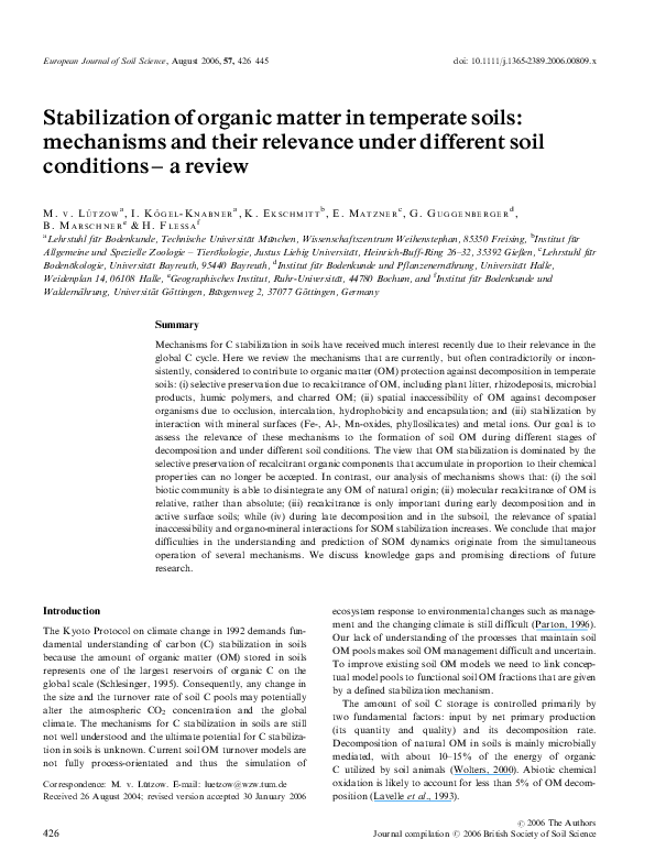 (PDF) Stabilization of organic matter in temperate soils: mechanisms and their relevance under ...