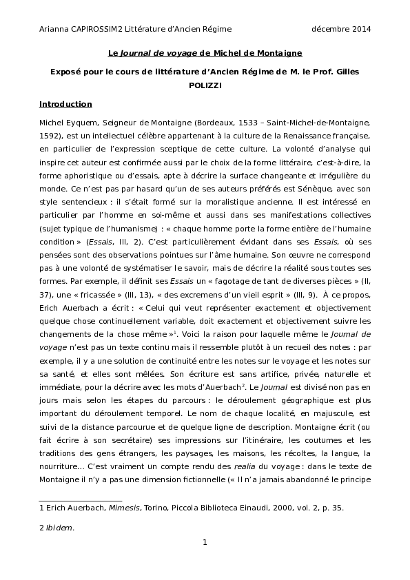 (DOC) Exposé sur le « Journal de voyage » de Michel de Montaigne