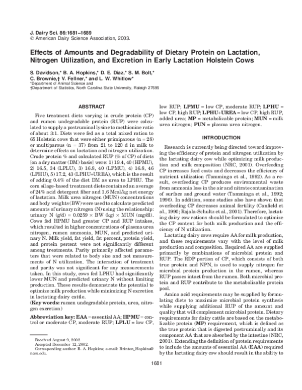(PDF) Effects of amounts and degradability of dietary protein on lactation, nitrogen utilization ...