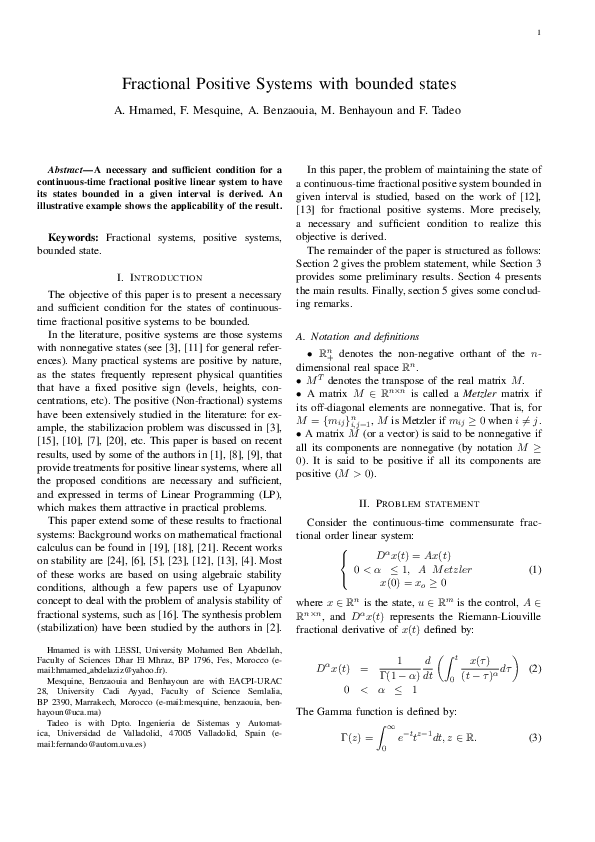 (PDF) Stabilization of Continuous-Time Fractional Positive Systems by Using a Lyapunov Function