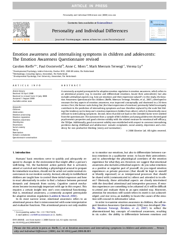 (PDF) Emotion awareness and internalising symptoms in children and ...