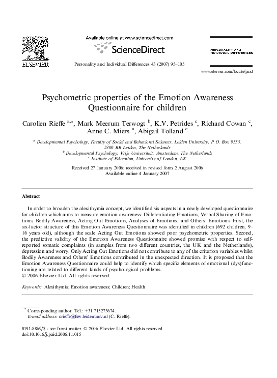 (PDF) Psychometric properties of the Emotion Awareness Questionnaire ...