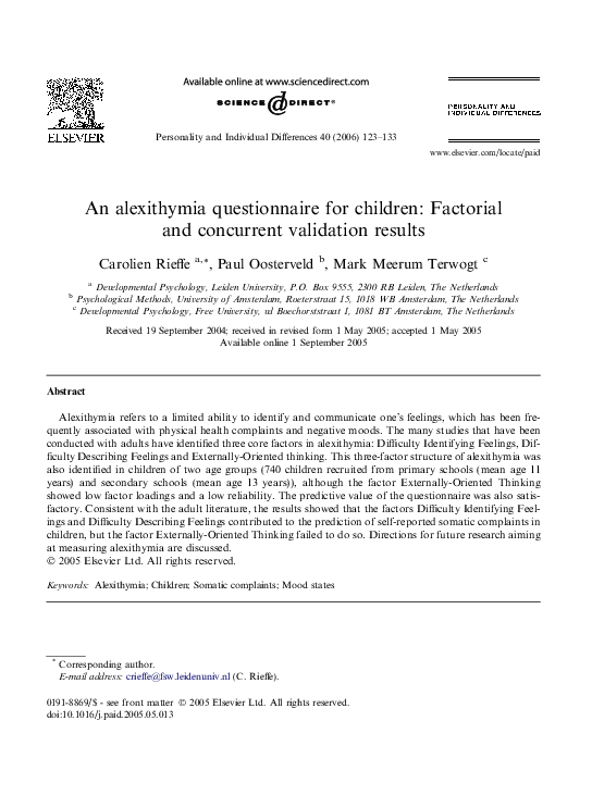 (PDF) An alexithymia questionnaire for children: Factorial and ...