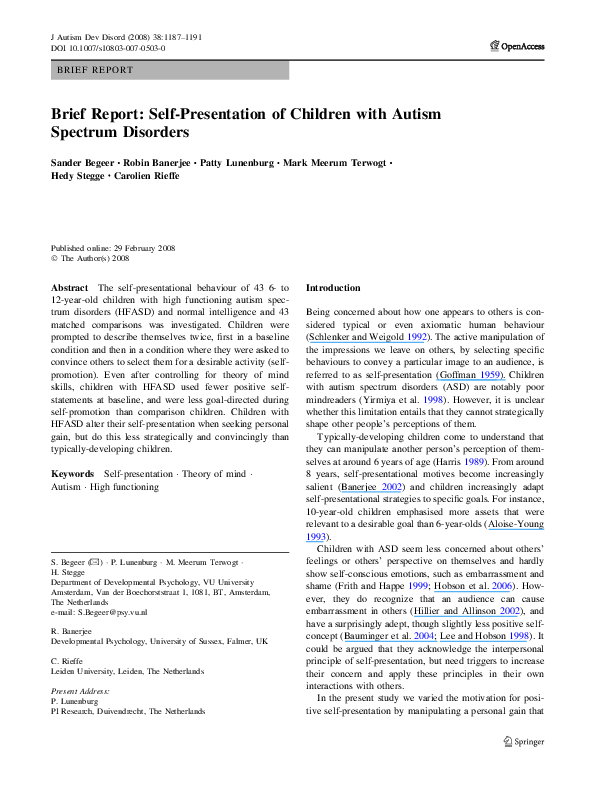 (PDF) Brief Report: Self-Presentation of Children with Autism Spectrum ...