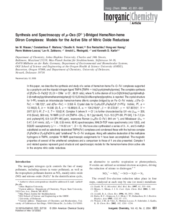 (PDF) Synthesis and Spectroscopy of μ-Oxo (O 2 - )Bridged Heme/Non-heme ...