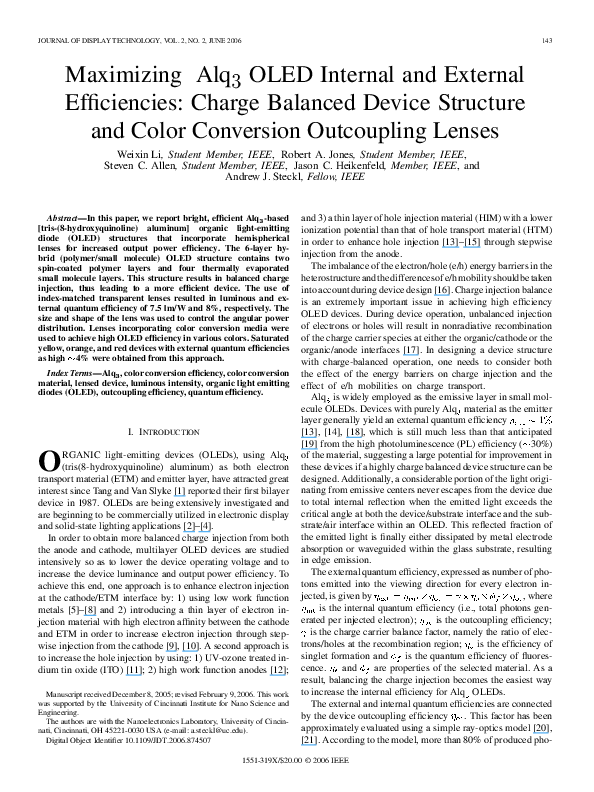 (PDF) Maximizing Alq3 OLED internal and external efficiencies: charge ...