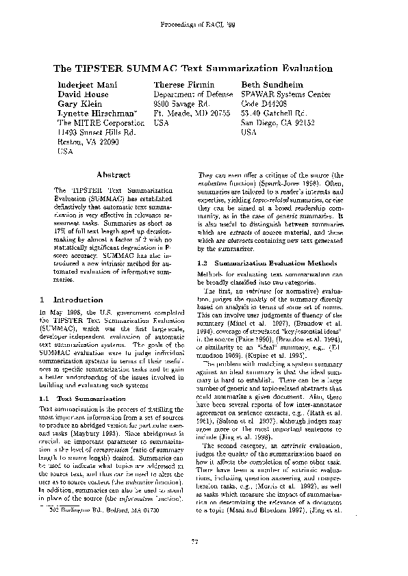 (PDF) The tipster summac text summarization evaluation final report